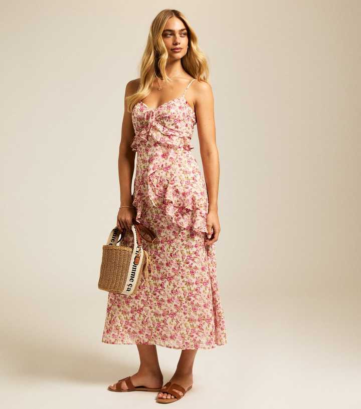 Pink Floral Print Ruffle Trim Midi Dress | New Look