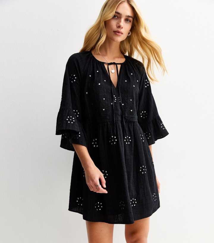 Black Embellished Tie Neck Mini Smock Dress | New Look