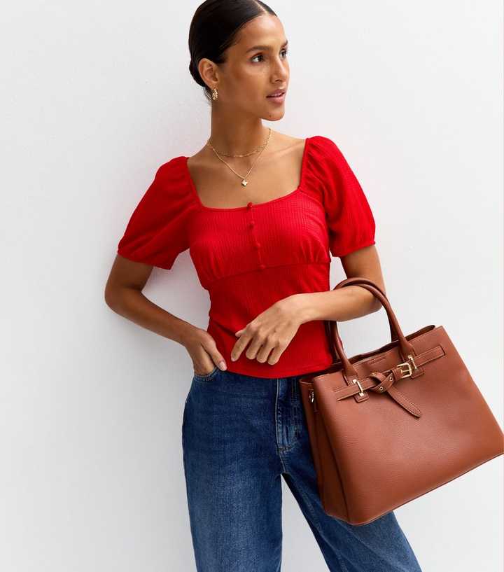 Bright Red Crinkle Jersey Button Front Top | New Look