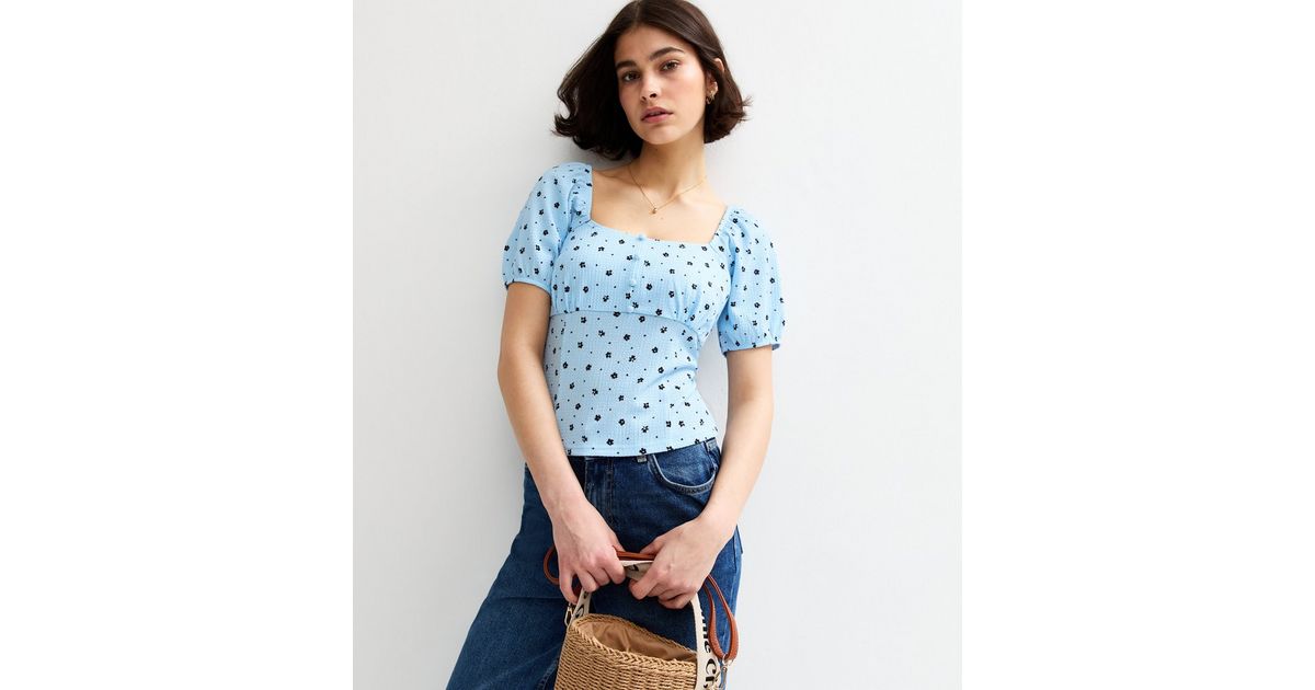 Blue Crinkled Jersey Floral Print Top | New Look