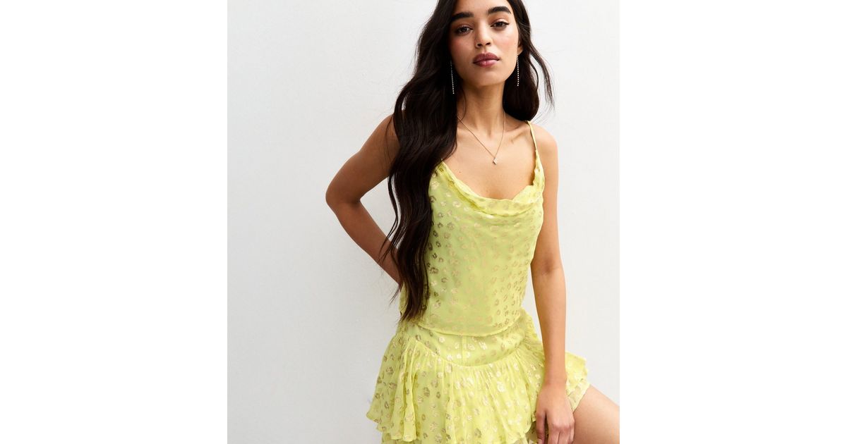 Bright Yellow Metallic Jacquard Cowl Neck Cami Top | New Look