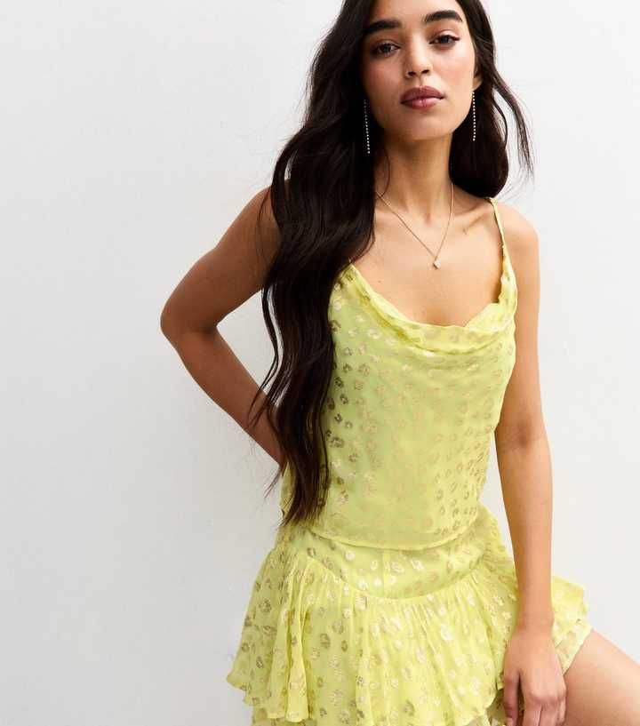 Bright Yellow Metallic Jacquard Cowl Neck Cami Top | New Look