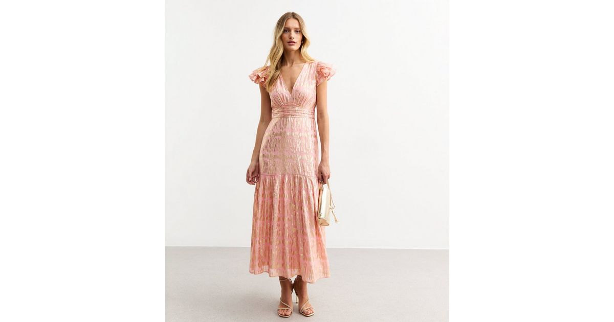Pink Jacquard Frill Sleeve Empire Line Midi Dress | New Look