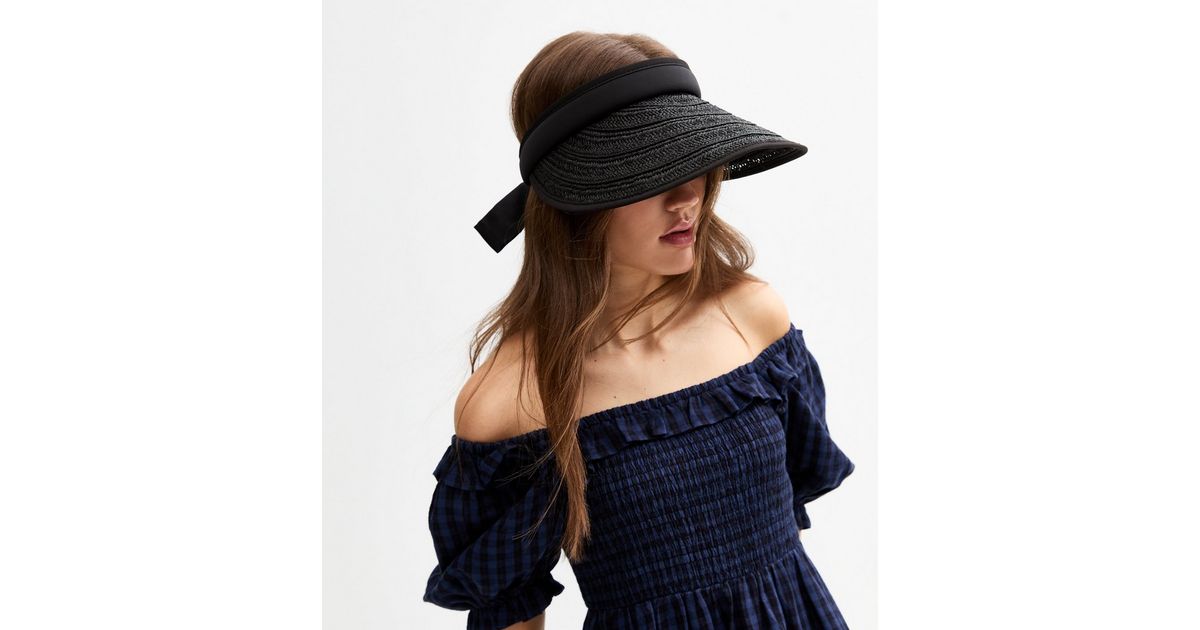 Black Straw-Look Satin Bow Visor | New Look