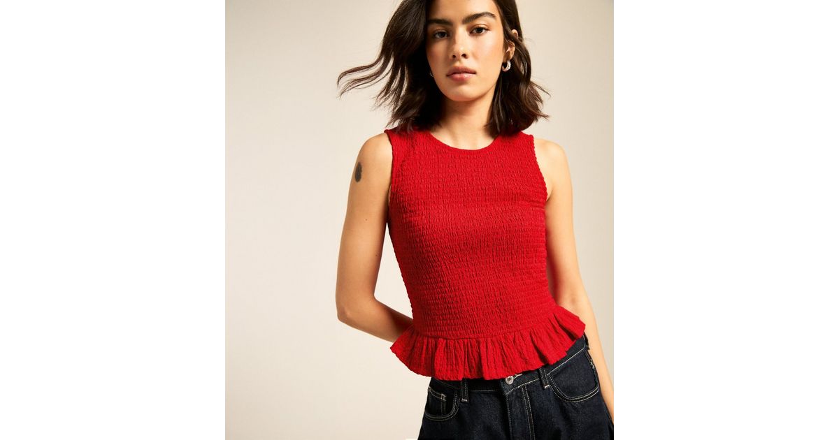 Bright Red Shirred Peplum Hem Top | New Look
