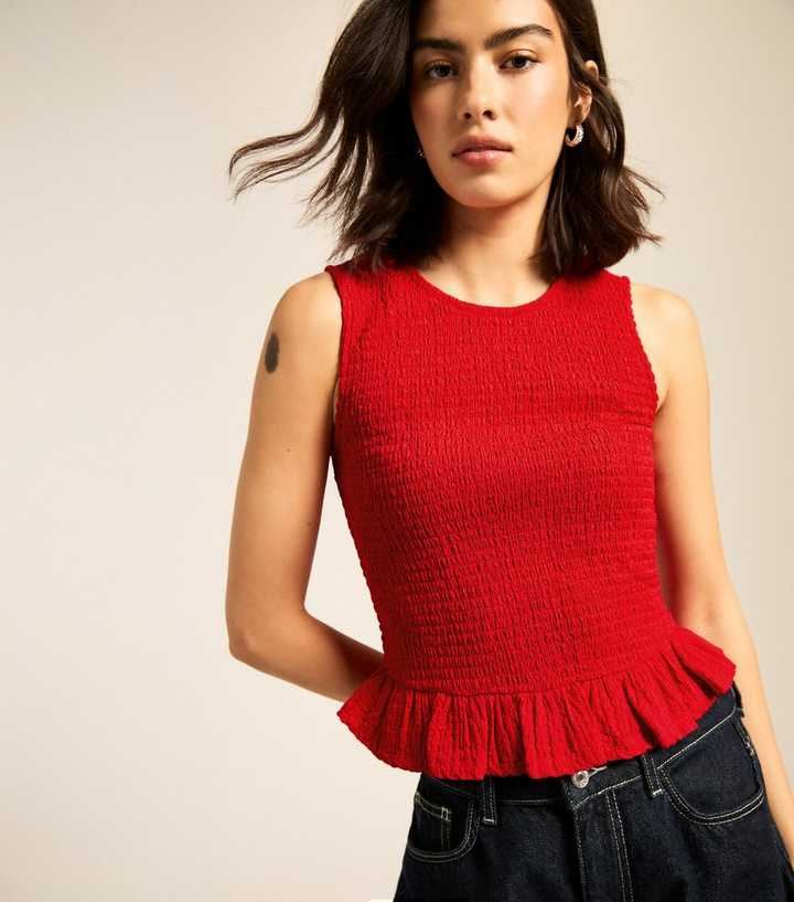 Bright Red Shirred Peplum Hem Top | New Look