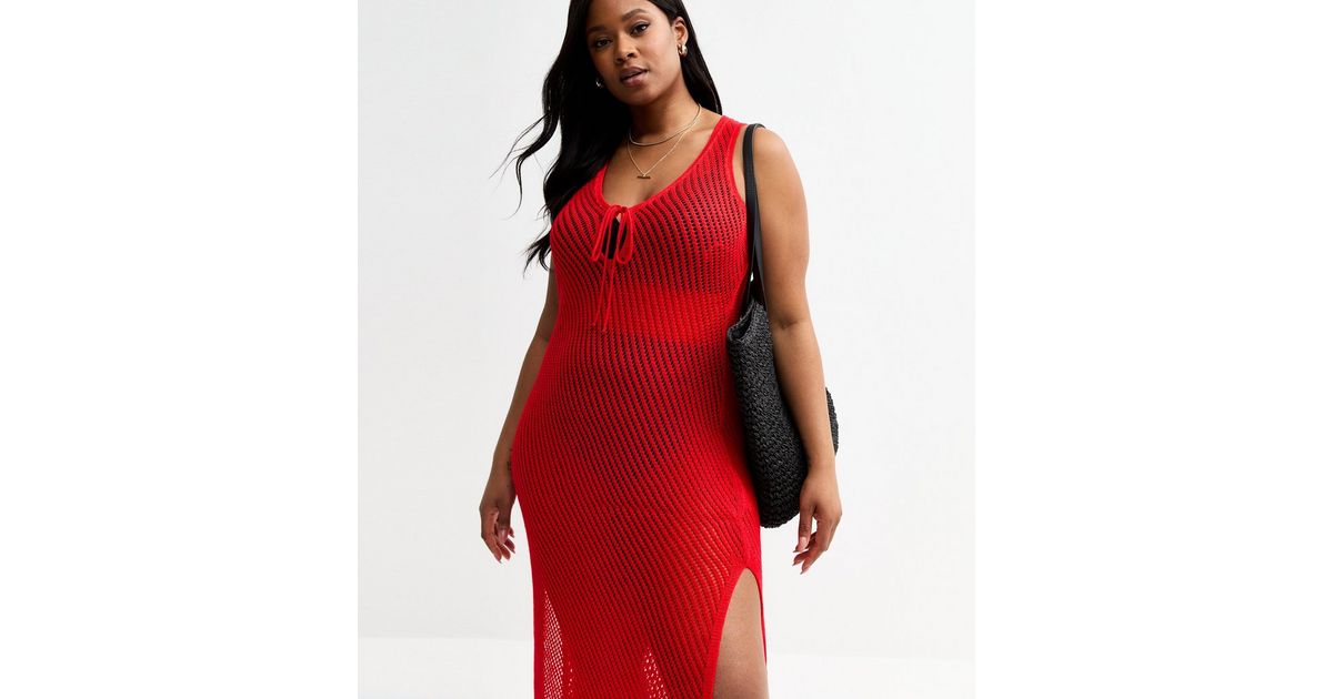 Curves Red Crochet V-Neck Maxi Dress | New Look