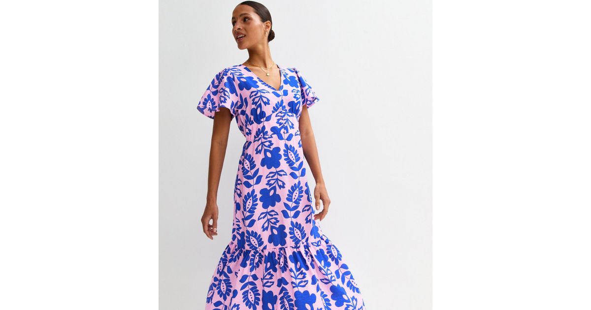 Blue Crinkle Texture Folk Print Midi Tea Dress | New Look