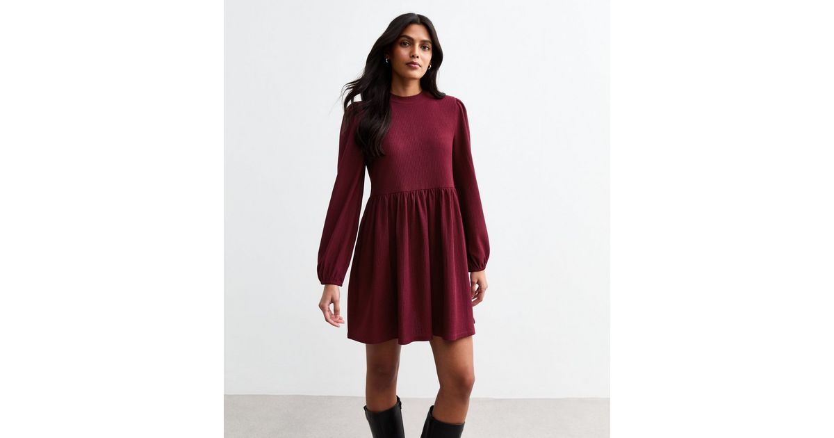 Burgundy Crinkle Effect Mini Smock Dress | New Look