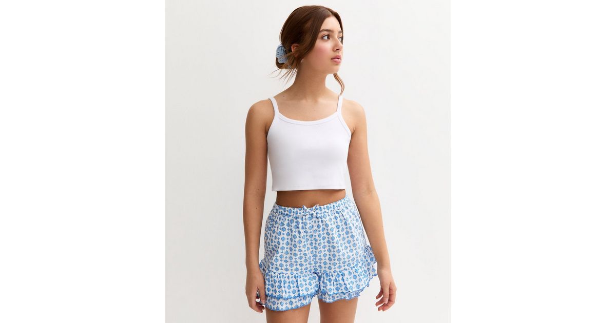 Girls Blue Patterned Frill Trim Shorts | New Look