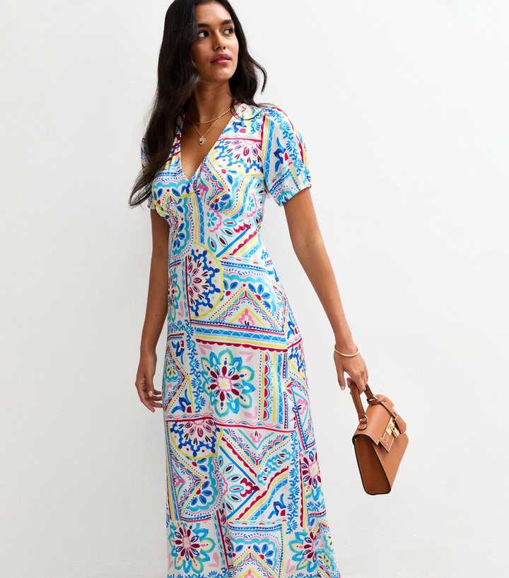 Blue Satin Tile Print Midi Dress | New Look