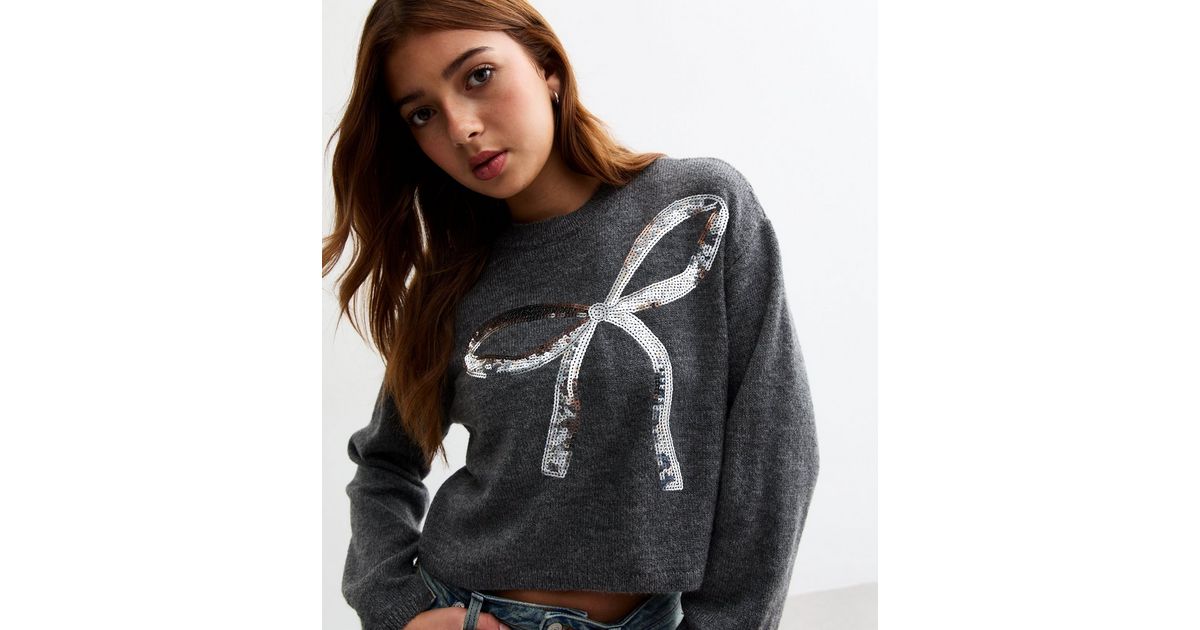 Girls Grey Sequinned Bow Jumper | New Look