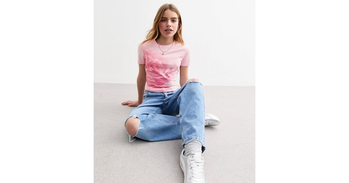 Girls Pink Exploded Rose Print Cap Sleeve T-Shirt | New Look