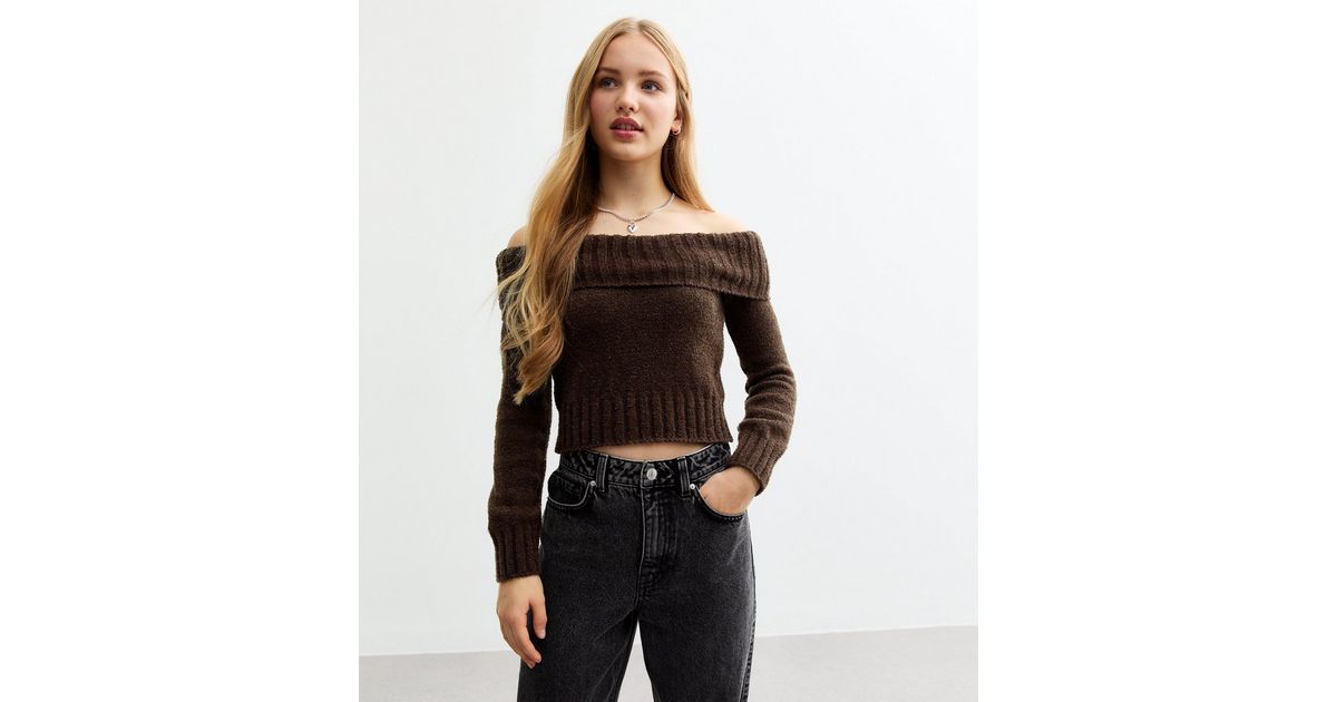 Girls Dark Brown Folded Bardot Jumper | New Look