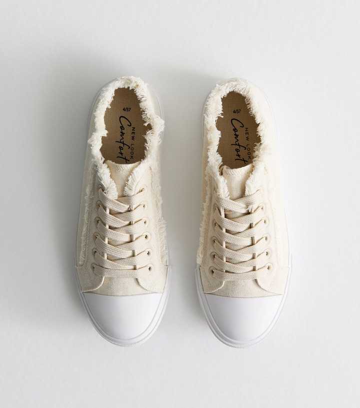 Off White Canvas Frayed Edge Lace-Up Trainers | New Look