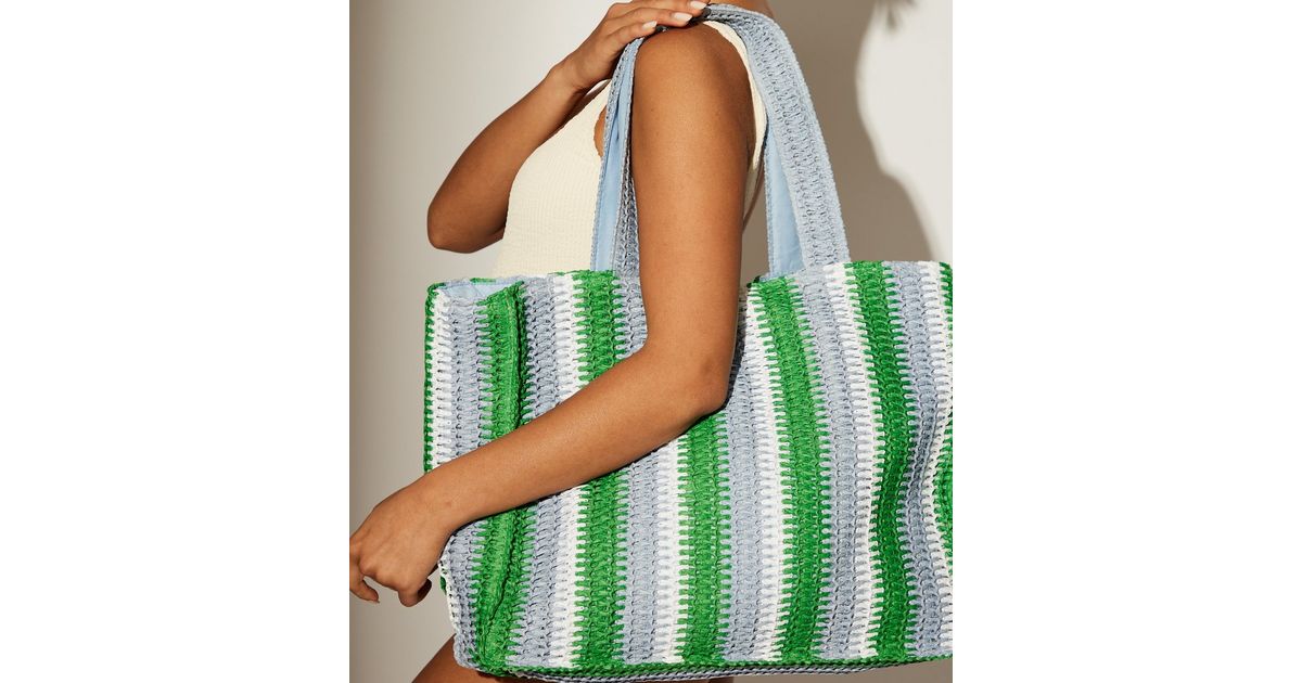 South Beach Blue Striped Woven Tote Bag | New Look