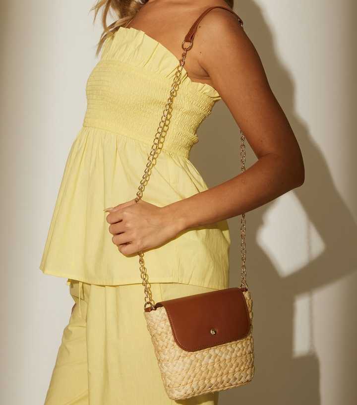 South Beach Camel Mini Straw Chain Crossbody Bag | New Look