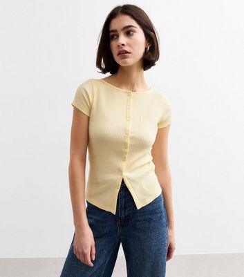Light Yellow Cap Sleeve Buttoned Rib T-Shirt | New Look