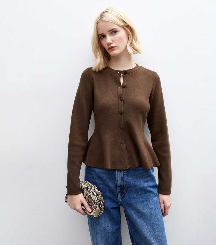 Dark Brown Crew Neck Peplum Cardigan | New Look