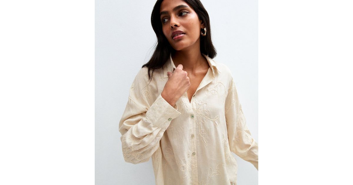 Blue Vanilla Cream Flower Embroidered Shirt | New Look