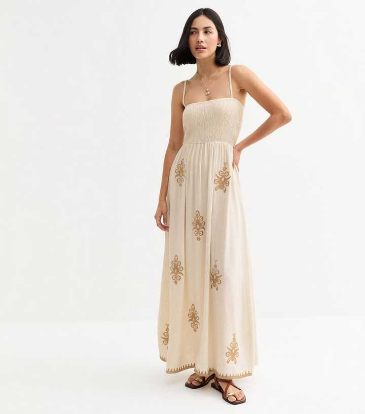 Blue Vanilla Cream Embroidered Shirred Maxi Dress | New Look