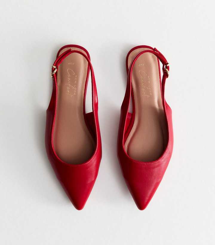 Bright Red Faux Leather Pointed Toe Slingback Ballet Flats | New Look