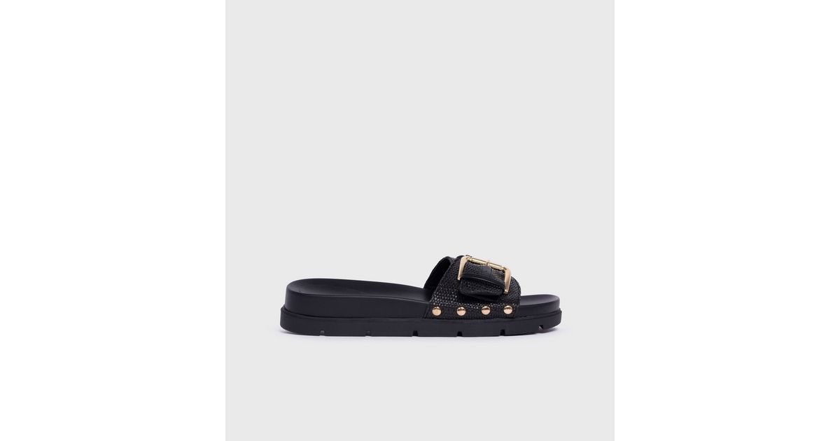 London Rebel Black Raffia Look Slides | New Look