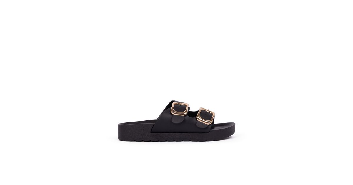 London Rebel Black Faux Leather Flatform Buckle Sandals | New Look