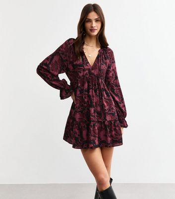 Red Snake Print Tie Neck Oversized Mini Dress | New Look