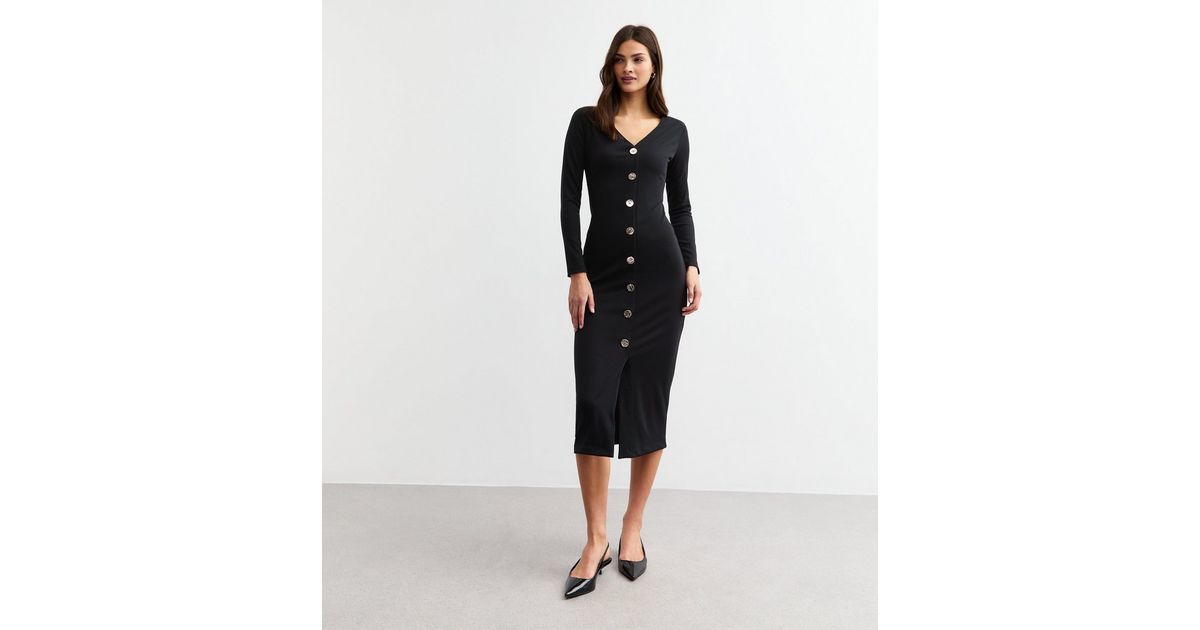 Black Ribbed Button Detail Midi Dress | New Look