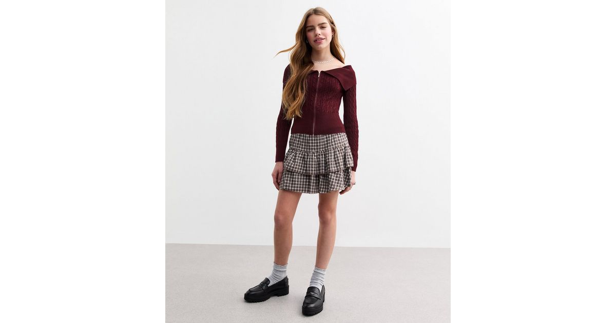 Girls Burgundy Cable Knit Zip Through Bardot Jumper | New Look