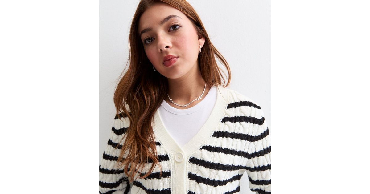 Girls Striped Cable Knit Cardigan | New Look