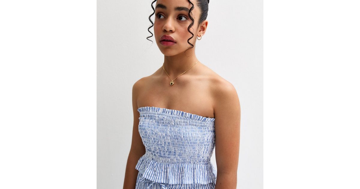 Girls Blue Striped Shirred Bandeau Top | New Look
