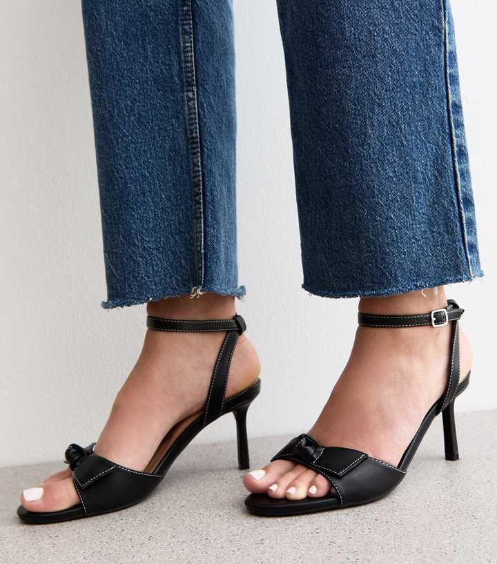 Black Faux Leather Contrast Stitch Bow Strap Sandals | New Look