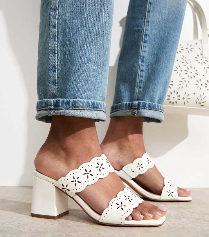 Wide Fit White Faux Leather Laser Cut Scallop Strap Mules | New Look