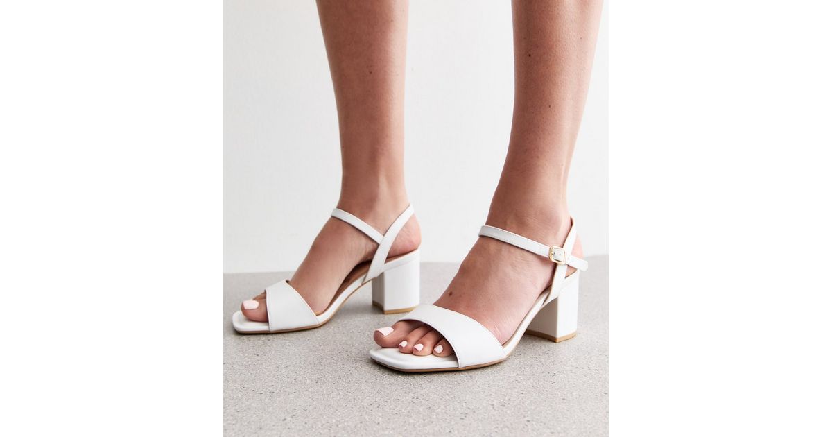 Extra Wide Fit White Faux Leather Curved Strap Block Heel Sandals | New ...