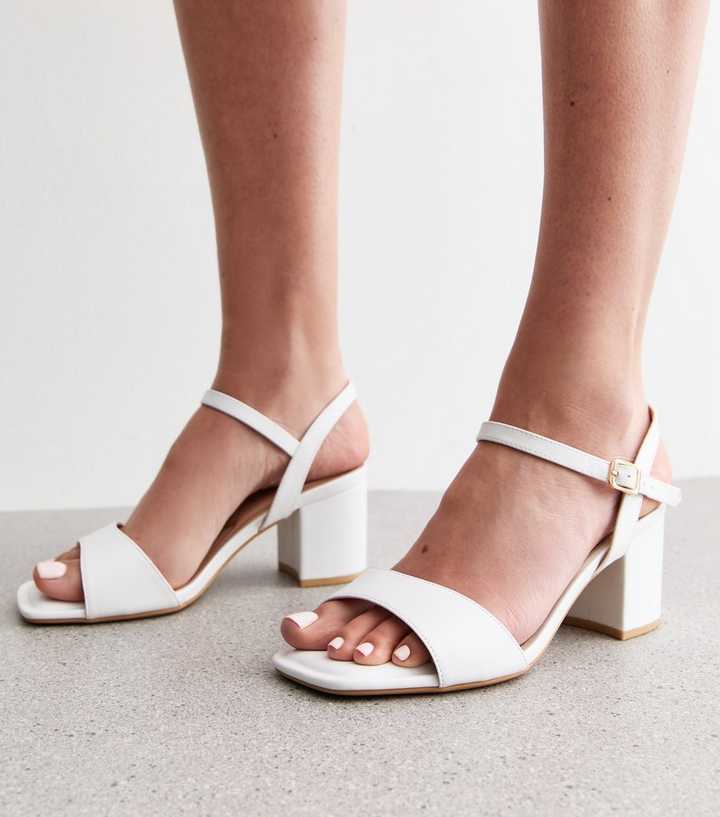 Extra Wide Fit White Faux Leather Curved Strap Block Heel Sandals | New ...