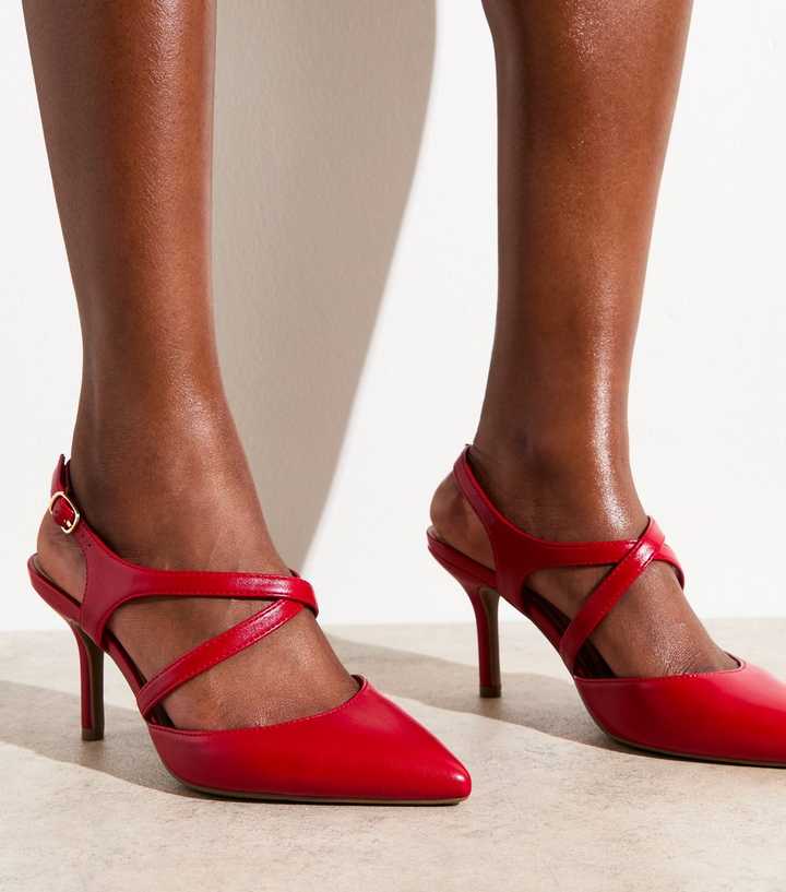 Wide Fit Red Faux Leather Crossover Strap Slingback Court Shoes | New Look