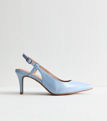 Wide Fit Light Blue Faux Patent Leather Slingback Strap Shoes | New Look