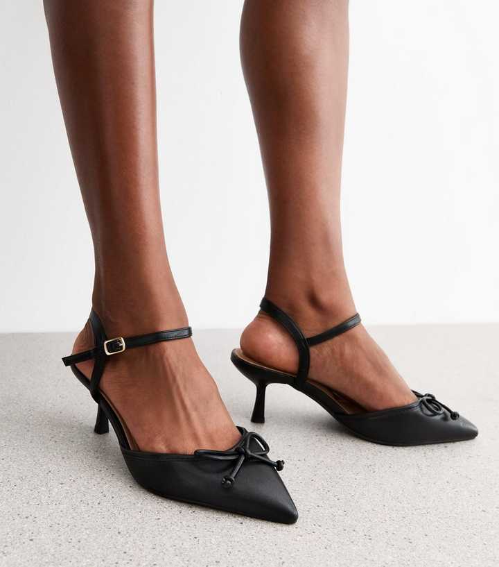 Wide Fit Black Patent Bow Detail Open Court Shoes | New Look