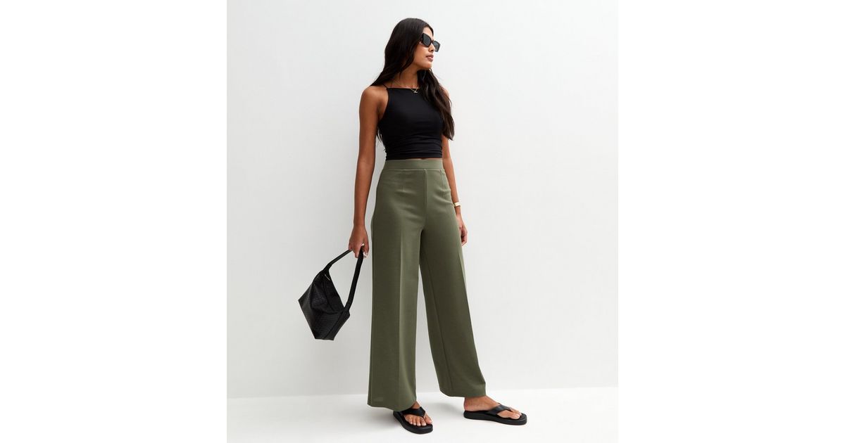 Khaki Wide Leg Pressed Crease Trousers | New Look