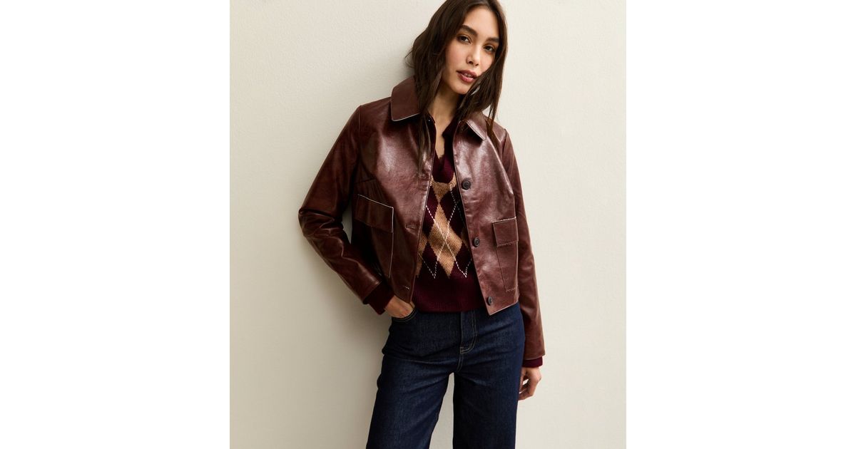 Burgundy Creased Faux Leather Jacket | New Look