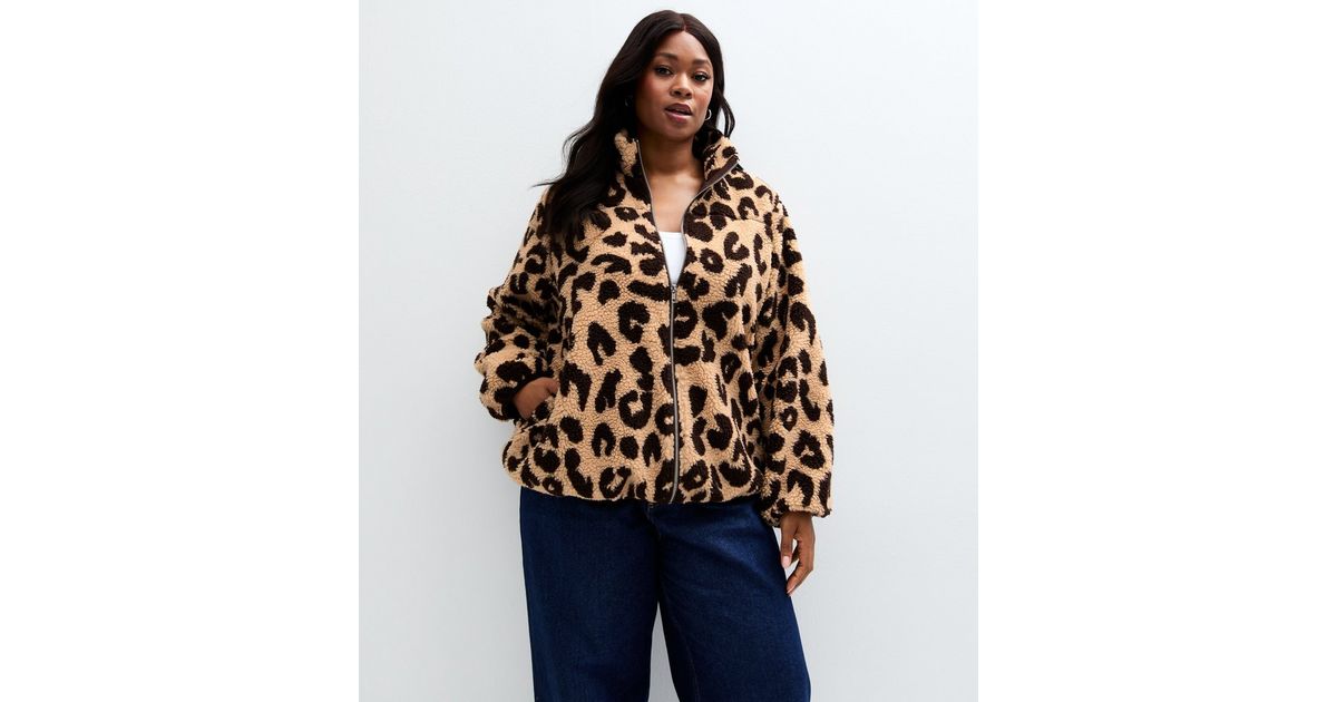Curves Brown Leopard Print Borg Jacket | New Look
