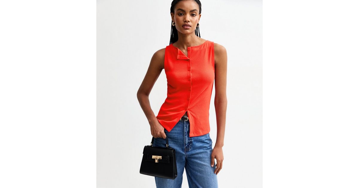 Tall Bright Red Button Up Vest | New Look