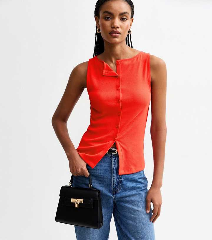 Tall Bright Red Button Up Vest | New Look