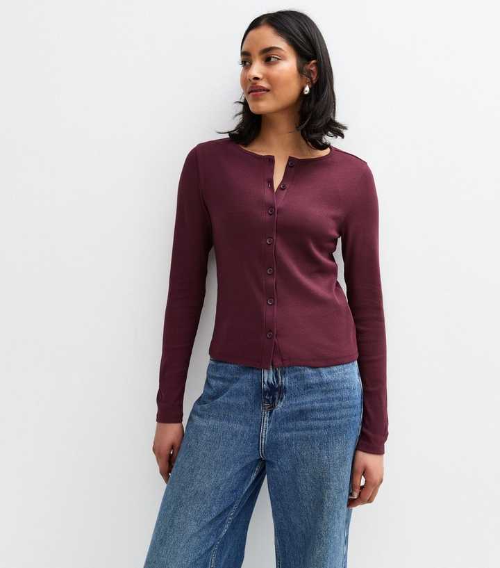 Burgundy Ribbed Crew Neck Cardigan | New Look