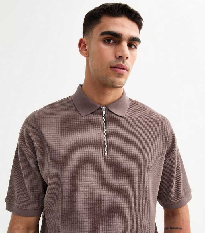 Brown Relaxed Textured Quarter Zip Polo Top | New Look
