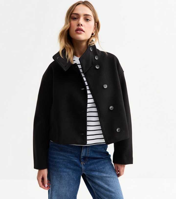 Black High Neck Cropped Pea Coat | New Look