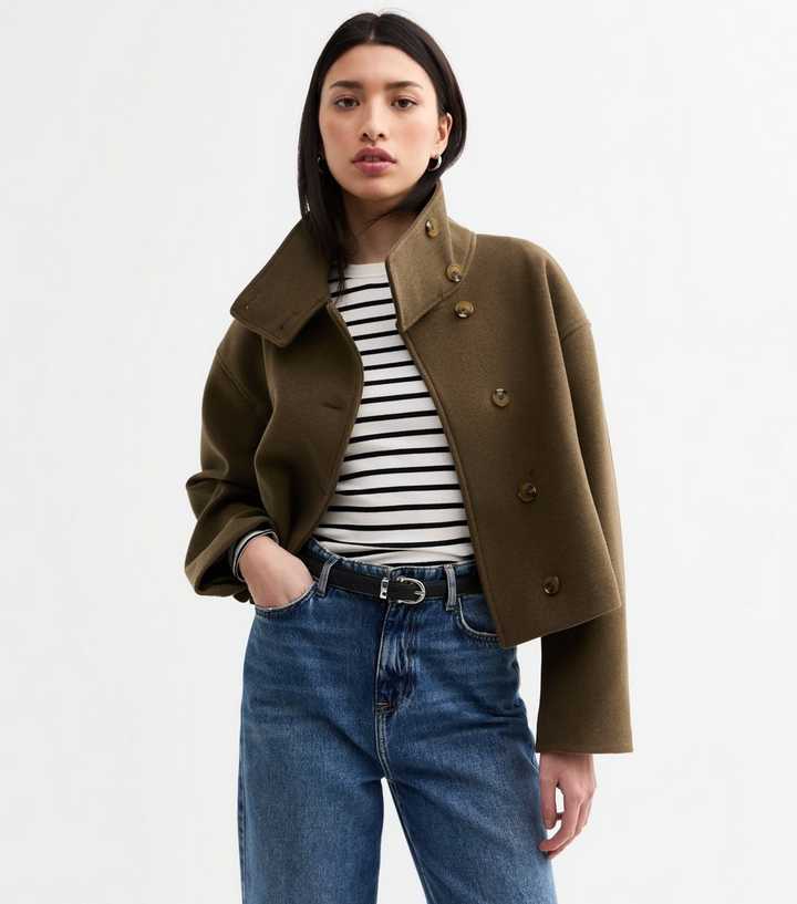 Brown High Neck Cropped Pea Coat | New Look