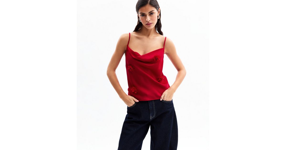 Red Satin Floral Corsage Cowl Neck Cami Top | New Look
